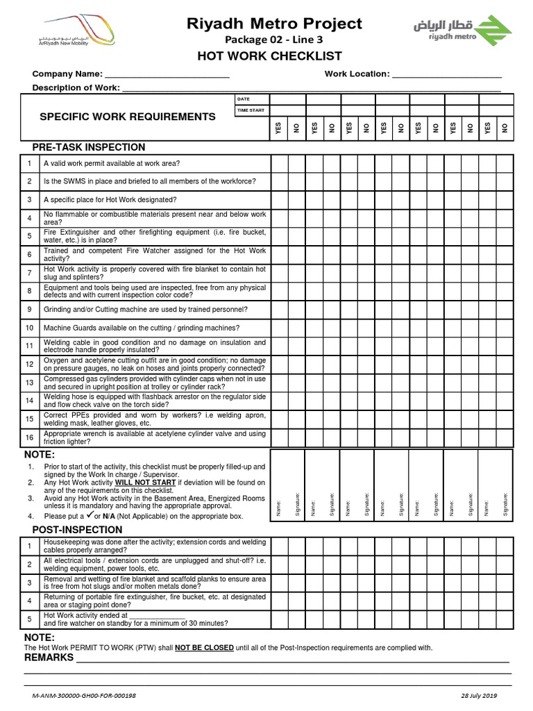 M-ANM-300000-GH00-FOR-000198 - Hot Work Checklist | PDF | Welding ...