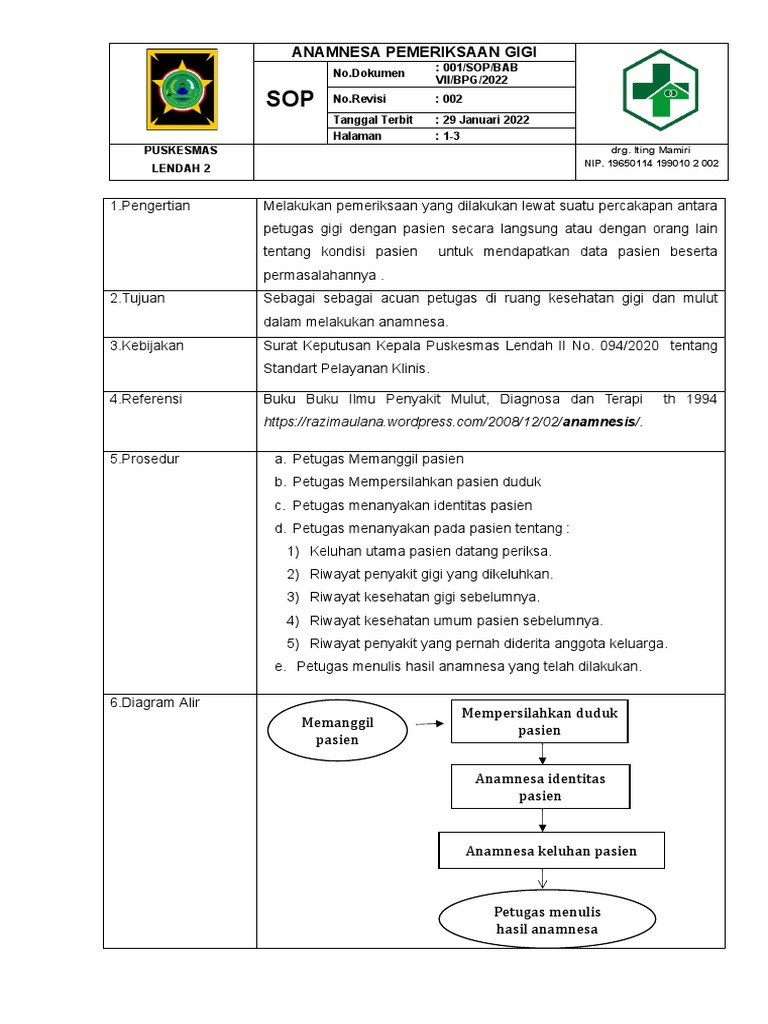 001 Sop BP Gigi Anamnesa Pemeriksaan Gigi Benar | PDF