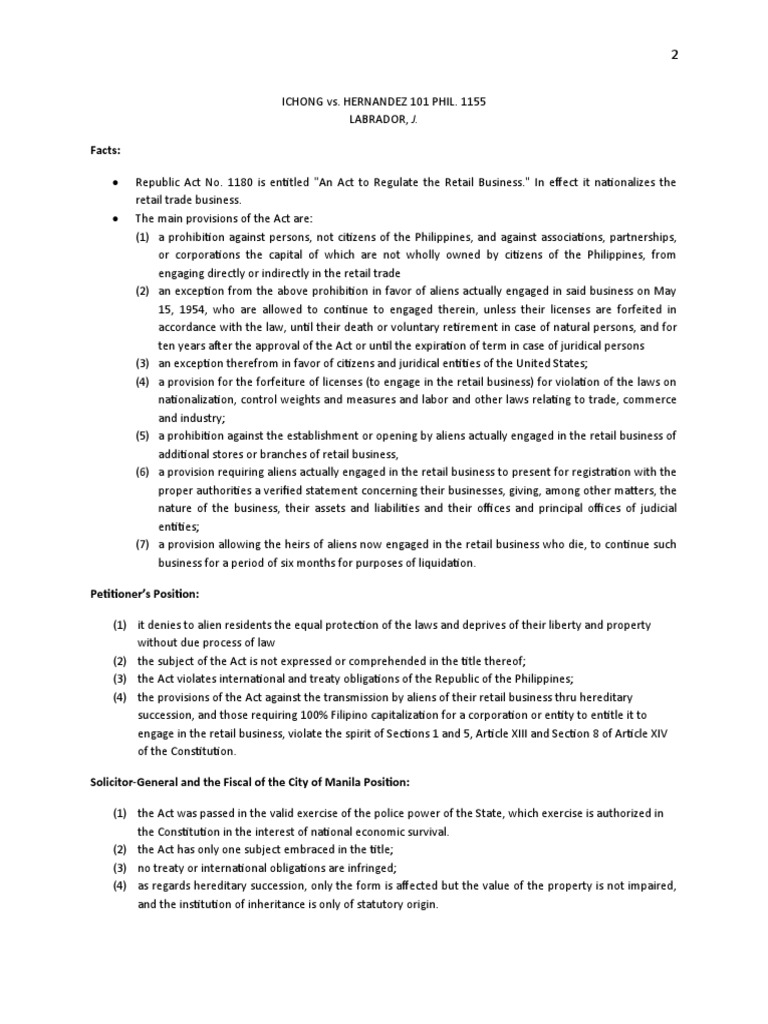 2 - ICHONG vs. HERNANDEZ 101 PHIL. 1155 | PDF | Equal Protection Clause ...