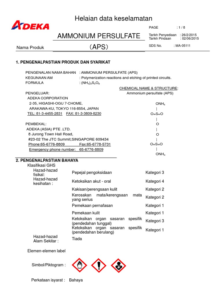 MSDS Amonium Persulfate Malaisya | PDF
