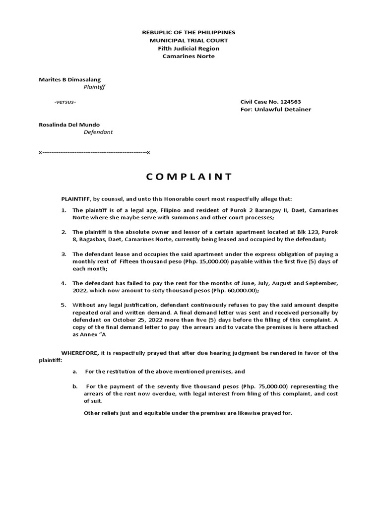 Unlawful Detainer Complaint in Philippines | PDF | Lawsuit | Justice