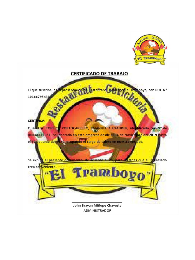 El Tramboyo - Certificado | PDF