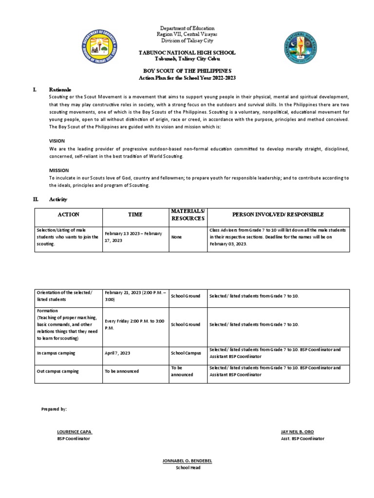 Action Plan For BSP (2022-2023) | PDF | Scouting