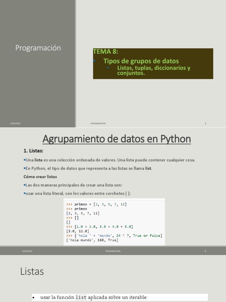 Grupos de datos en Python: Listas y tuplas | PDF | Python (lenguaje de ...