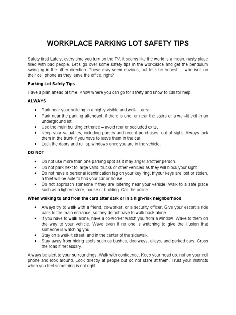 Employee Parking Lot Safety Tips | PDF | Social Science | Lifestyle