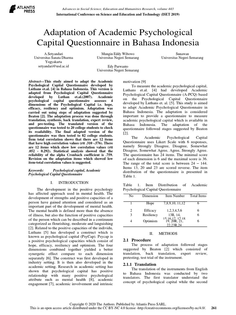 Adaptation of Academic Psychological Capital Questionnaire in Bahasa ...