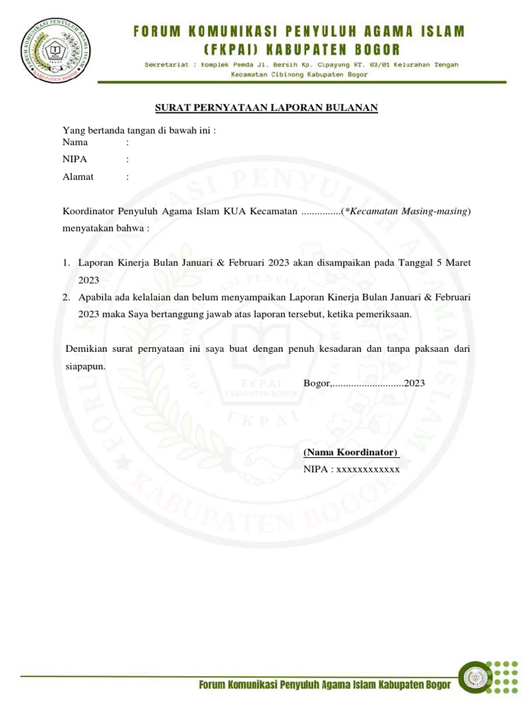 Surat Pernyataan Laporan Bulanan | PDF
