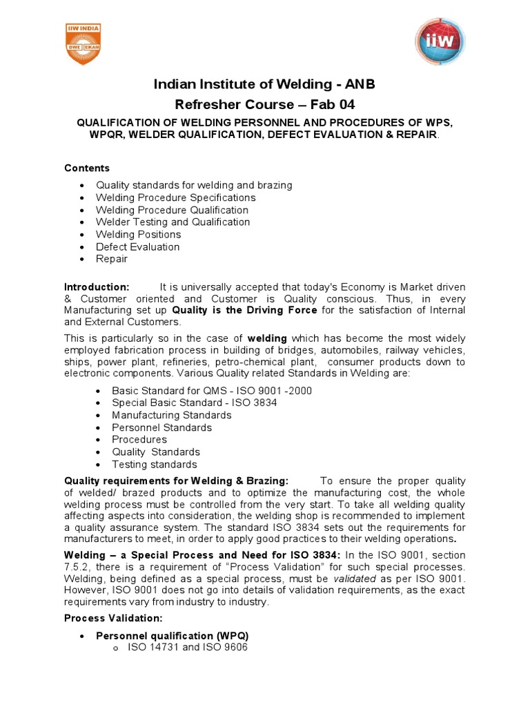Fab 04 WPS, WPQR, Welder Qualification, Welding Positions, Defect - Repair Welding | PDF ...