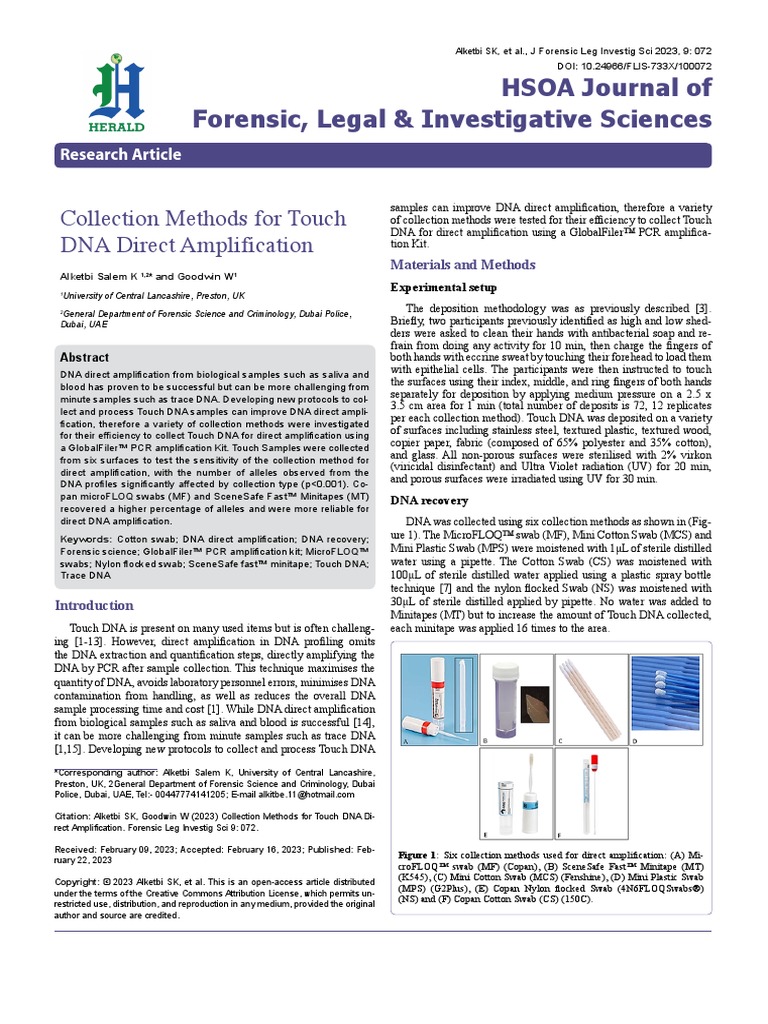 Collection Methods For Touch Dna Direct Amplification | PDF ...