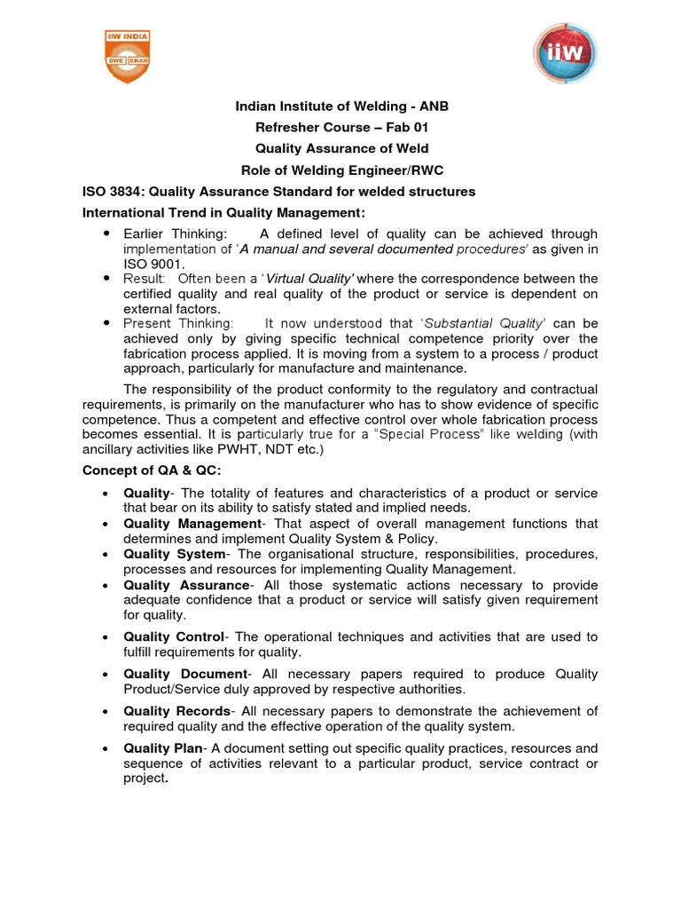 Fab 01 QA of Welds, ISO 3834, RWC Etc. | Download Free PDF ...