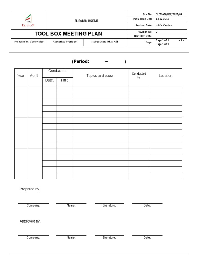 ELEMAN-HSE-FRM-04 - Tool Box Meeting Plan | PDF