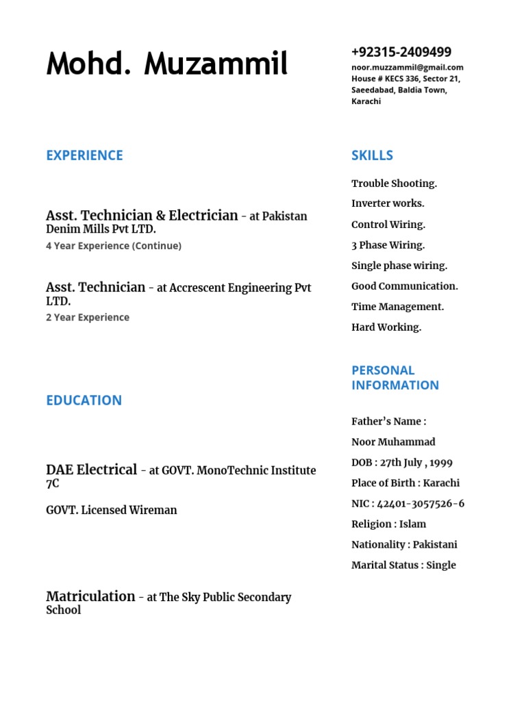 Electrician Resume of Mohd. Muzammil | PDF