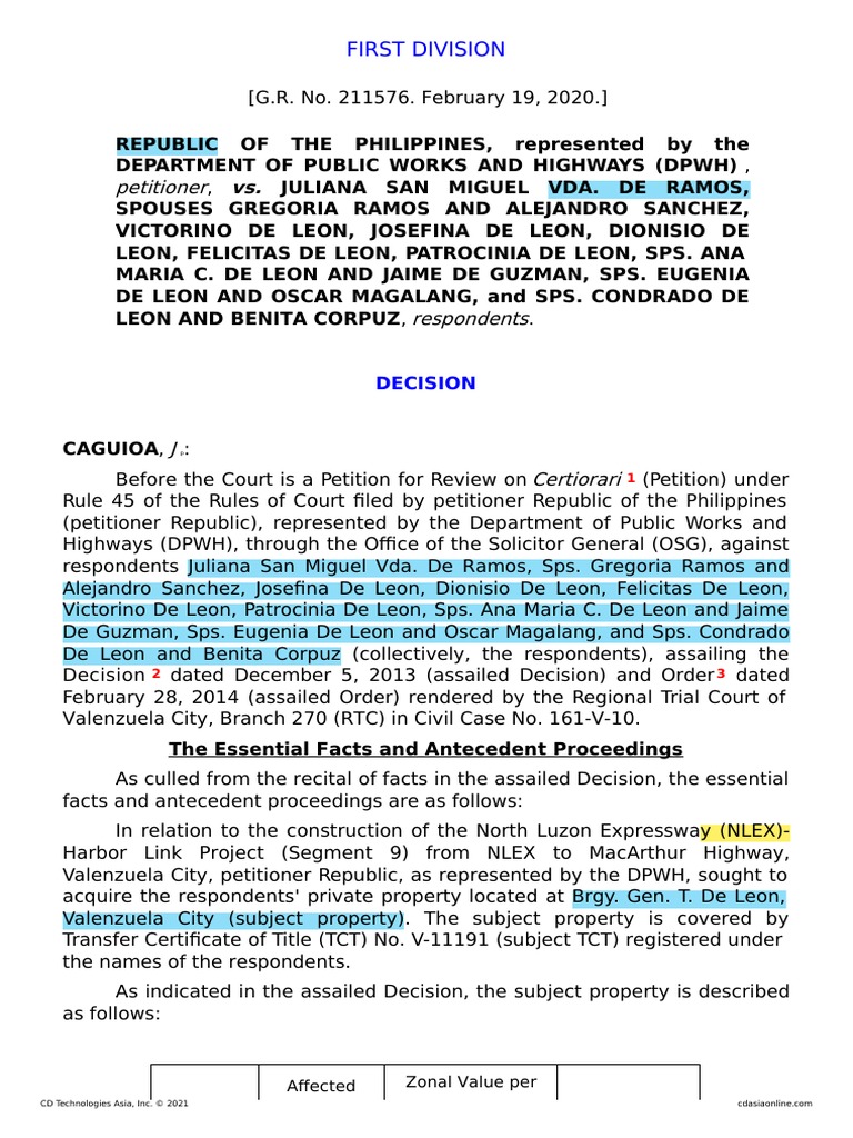 Expropriation Case: DPWH vs. De Leon | PDF | Eminent Domain | Damages
