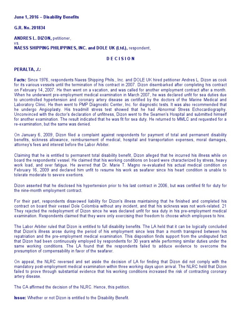 Dizon v. NAESS Shipping June 2016 Case Digest | PDF | Physical Examination | Employment