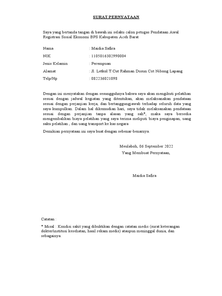 Surat Pernyataan Komitmen Mengikuti Pelatihan | PDF