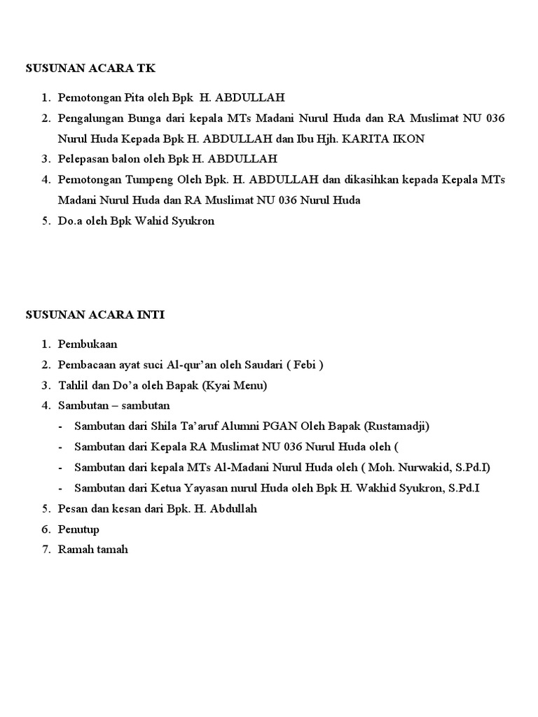 Susunan Acara TK | PDF