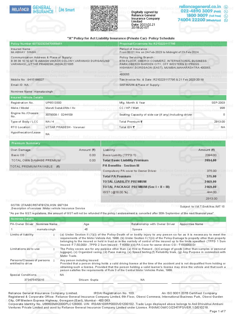 Reliance General Act Liability Insurance Policy Schedule | PDF ...
