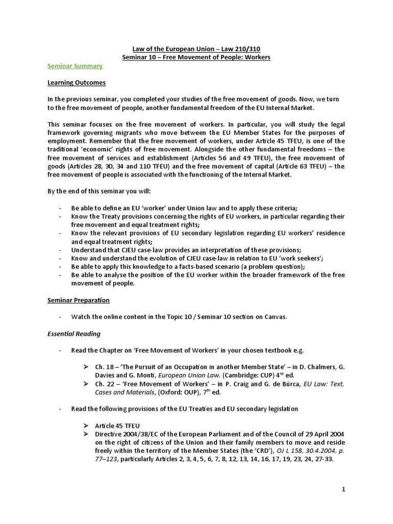 Topic 10 - Free Movement of People - Workers - Seminar Summary | PDF ...