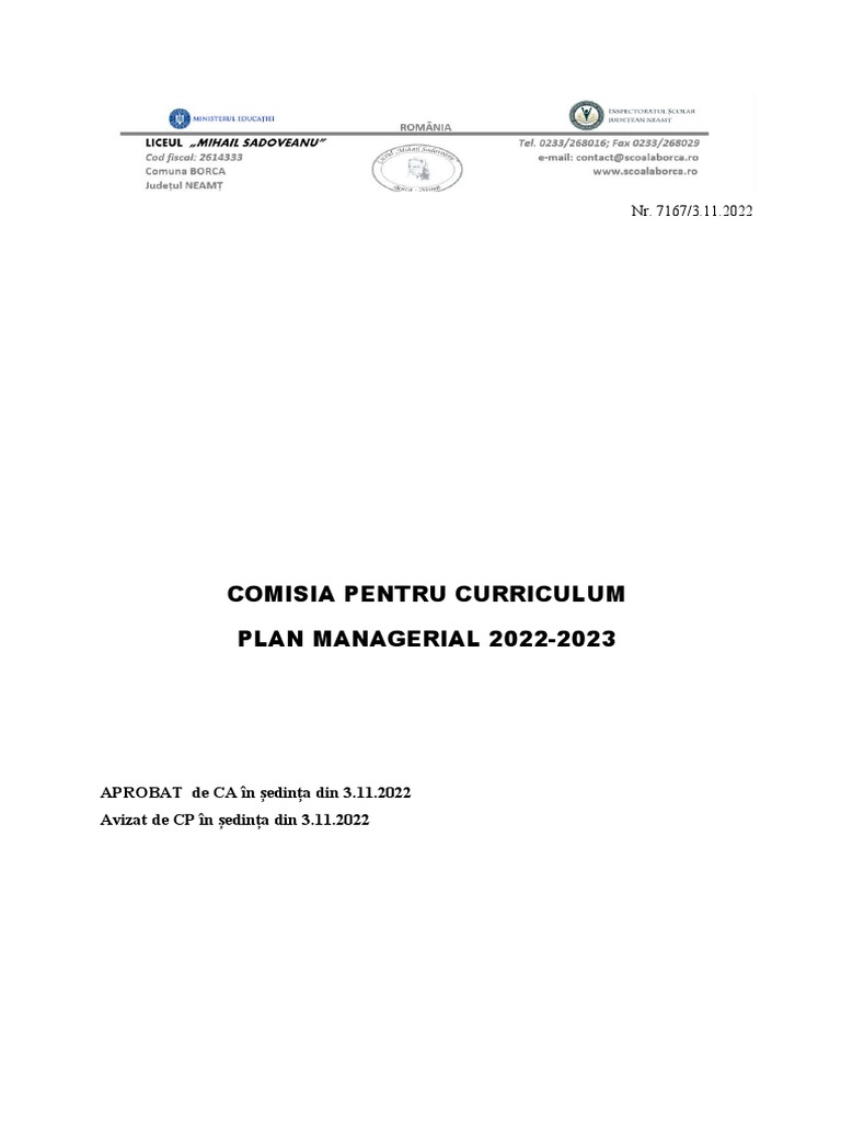 Plan Managerial 2022 2023 Comisia Curriculum | PDF