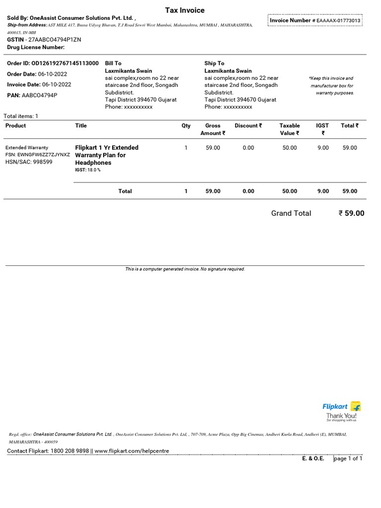 Oneassist Invoice Pdf Government Finances Taxes