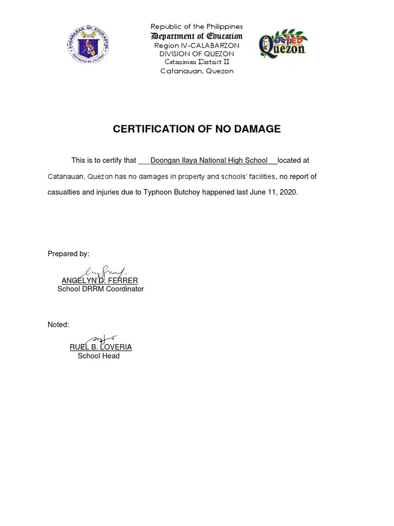 Certification of No Major Damage Typhoon Buchoy | PDF