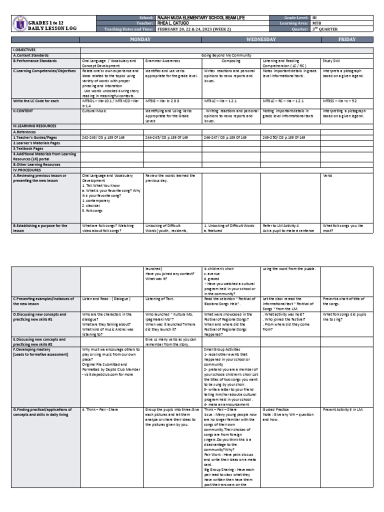 RAJAH MUDA ELEMENTARY SCHOOL BEAM LIFE DAILY LESSON LOG | PDF | Reading ...