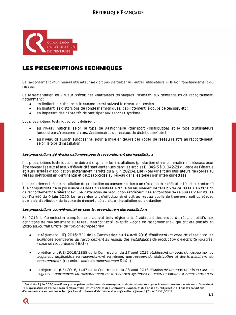 Raccordement Réseau - Cre - Prescriptions Techniques | PDF | Réseau électrique | Courant continu ...