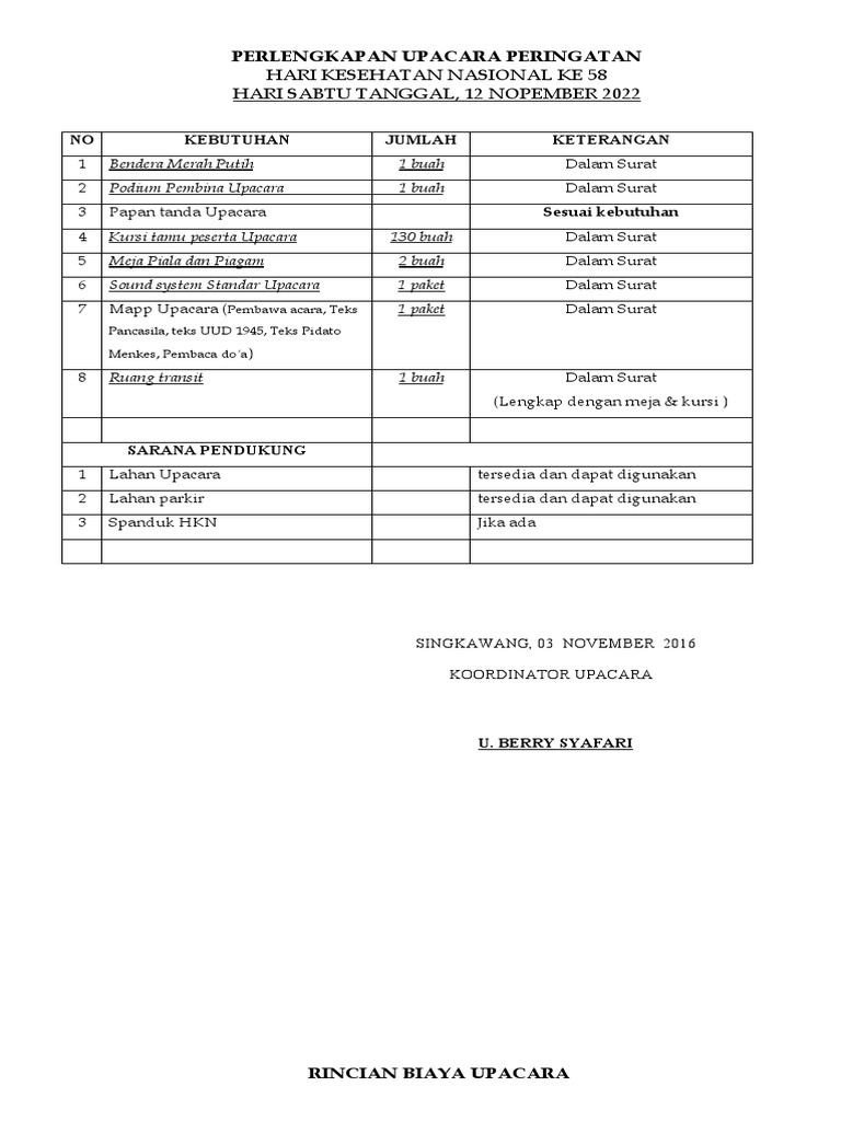 Kebutuhan Seksi Upacara | PDF
