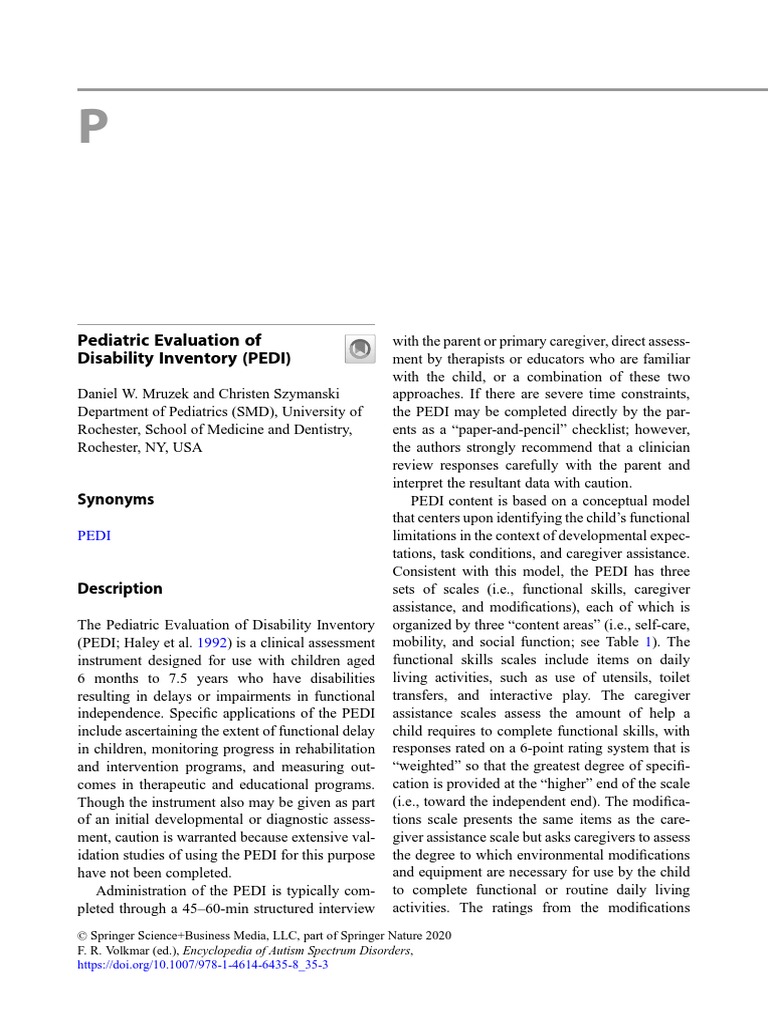 Pediatric Evaluation of Disability Inventory (PEDI) : Synonyms | PDF ...