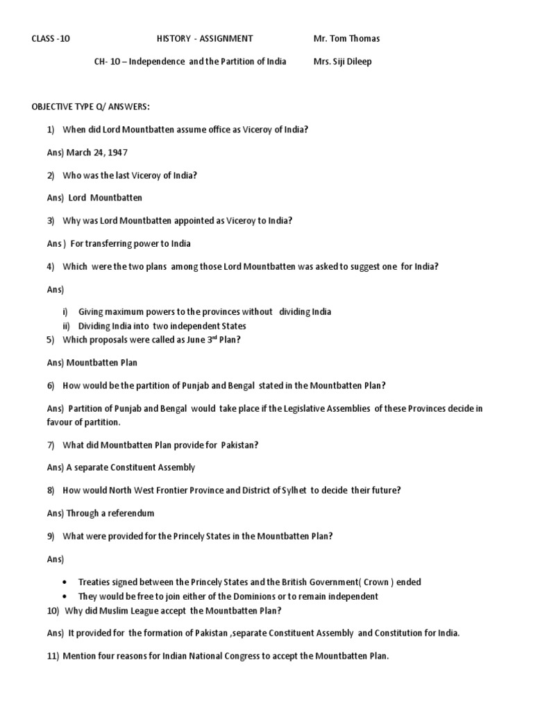 CLASS-10 Ch-10 Assignment-Objective Ques-Ans | PDF | Partition Of India | Political Charters