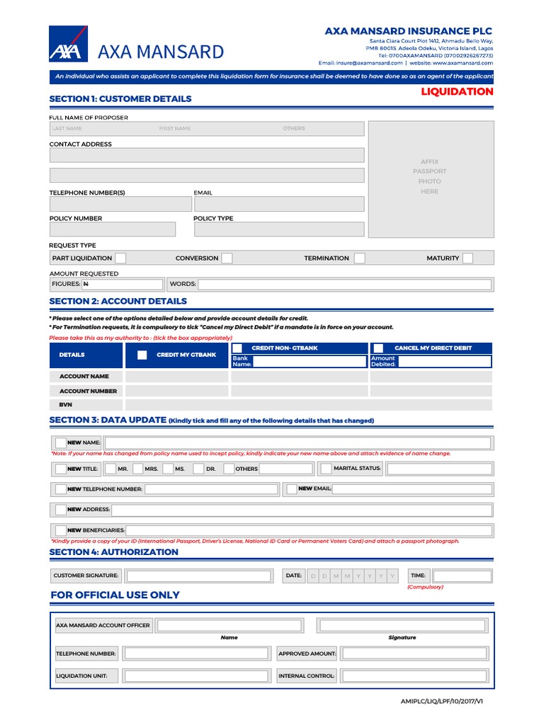 AXA Mansard Liquidation Form | PDF | Identity Document | Service Industries