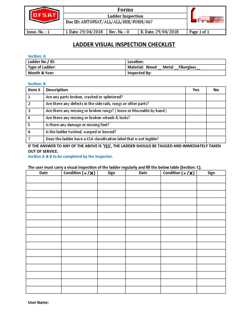 Form No 67 Ladder Inspection Checklist | PDF | Finance & Money Management