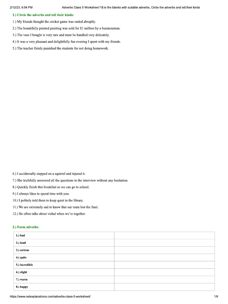 Adverbs Class 5 Worksheet Fill in The B... Ircle The Adverbs and Tell ...