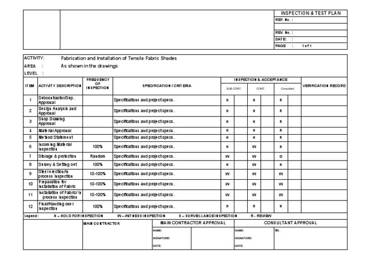 ITP For Fabrication & Installation of Tensile Fabric Shades | PDF