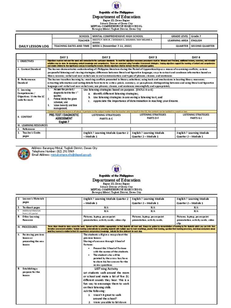 Grade 7 English DLL Week 1 Q2 | PDF | Learning | Teachers