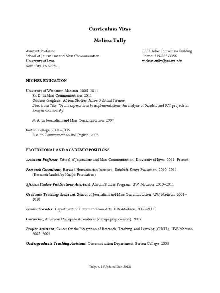 Melissa Tully CV | PDF | Journalism | University Of Wisconsin–Madison