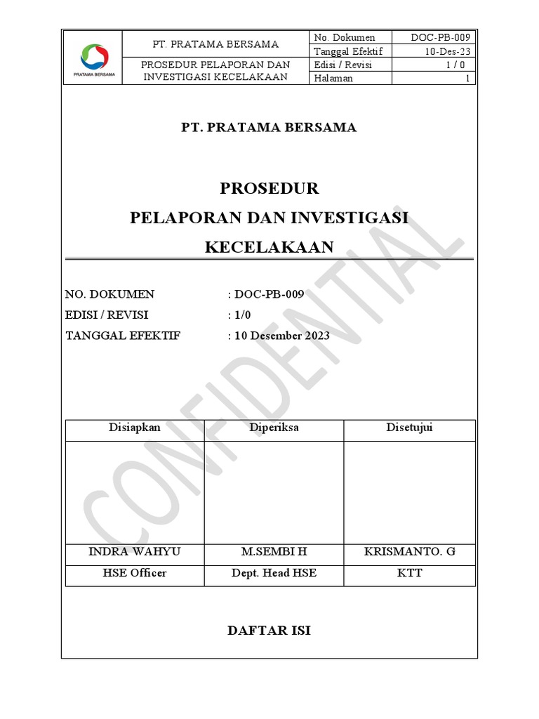 DOC-PUP-009 Prosedur Pelaporan dan Investigasi Kecelakaan | PDF