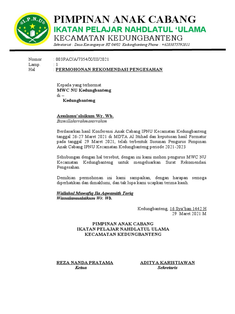 Surat Permohonan Pengesahan Mwcnu | PDF