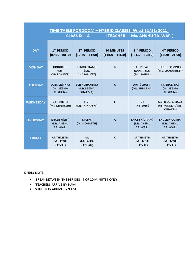 Hybrid Class Timetable STD Ix (2021-22) | PDF