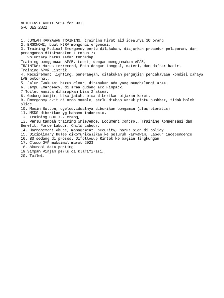 NOTULENSI AUDIT SCSA For HBI 5-6 Des 2022 | PDF