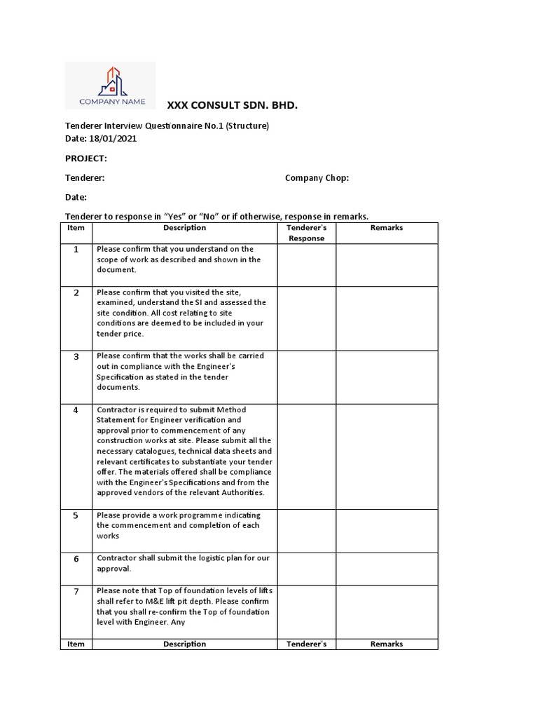 Tenderer Interview Questionnaire Form | PDF | Specification (Technical ...