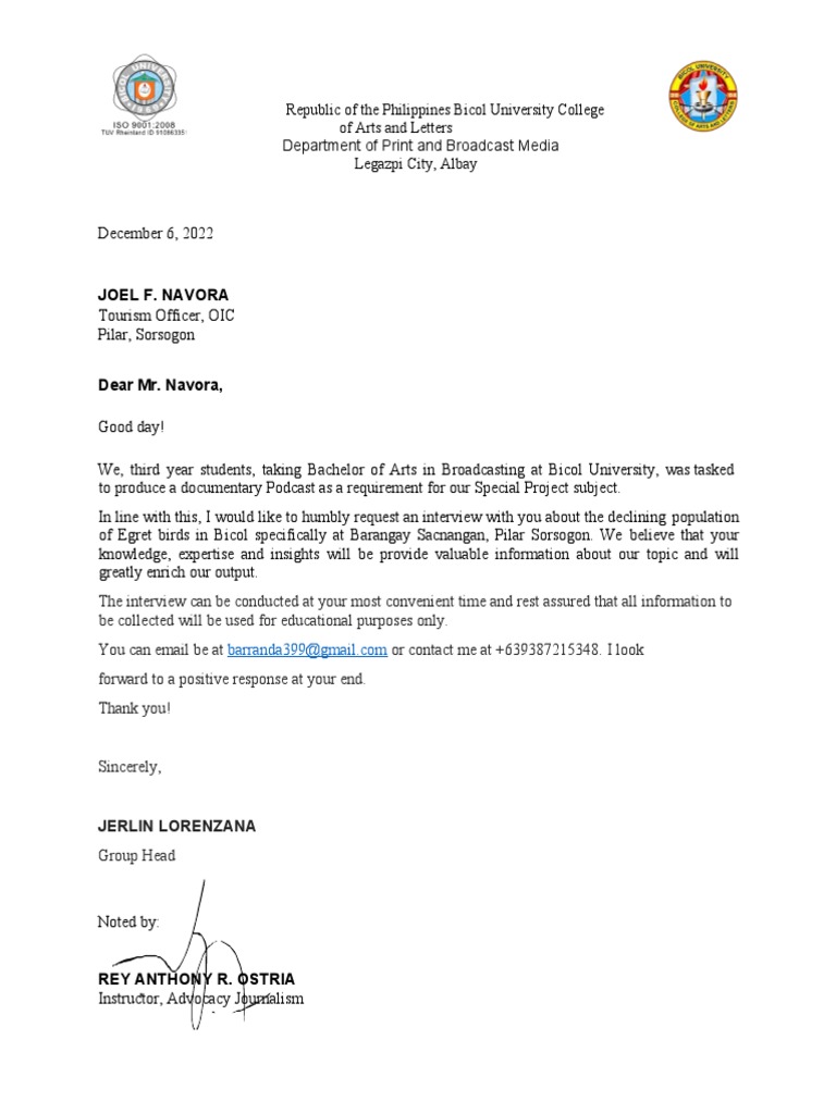 Letter For Tourism | PDF