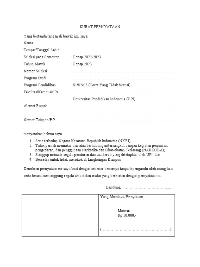 Surat Pernyataan Mahasiswa Baru Upi | PDF