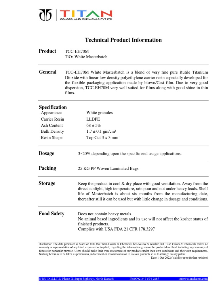 White Master Batch TDS TCC-EH70M | PDF | Titanium Dioxide | Materials