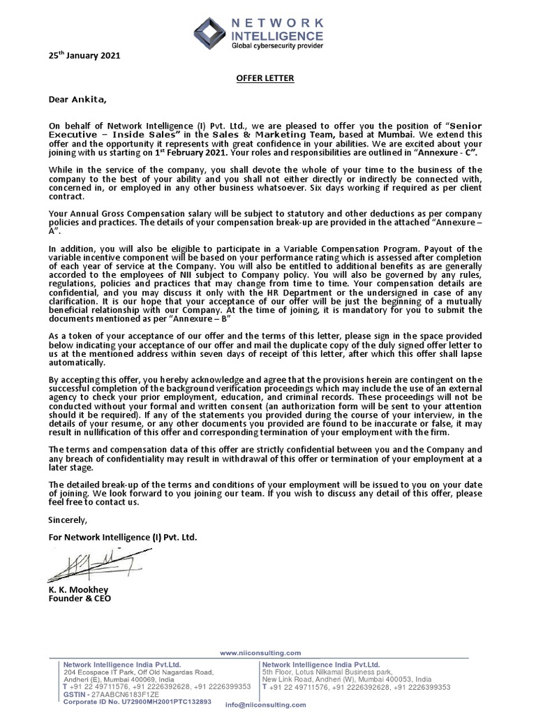 Offer Letter - Ankita Shrivastava | PDF | Salary | Employment