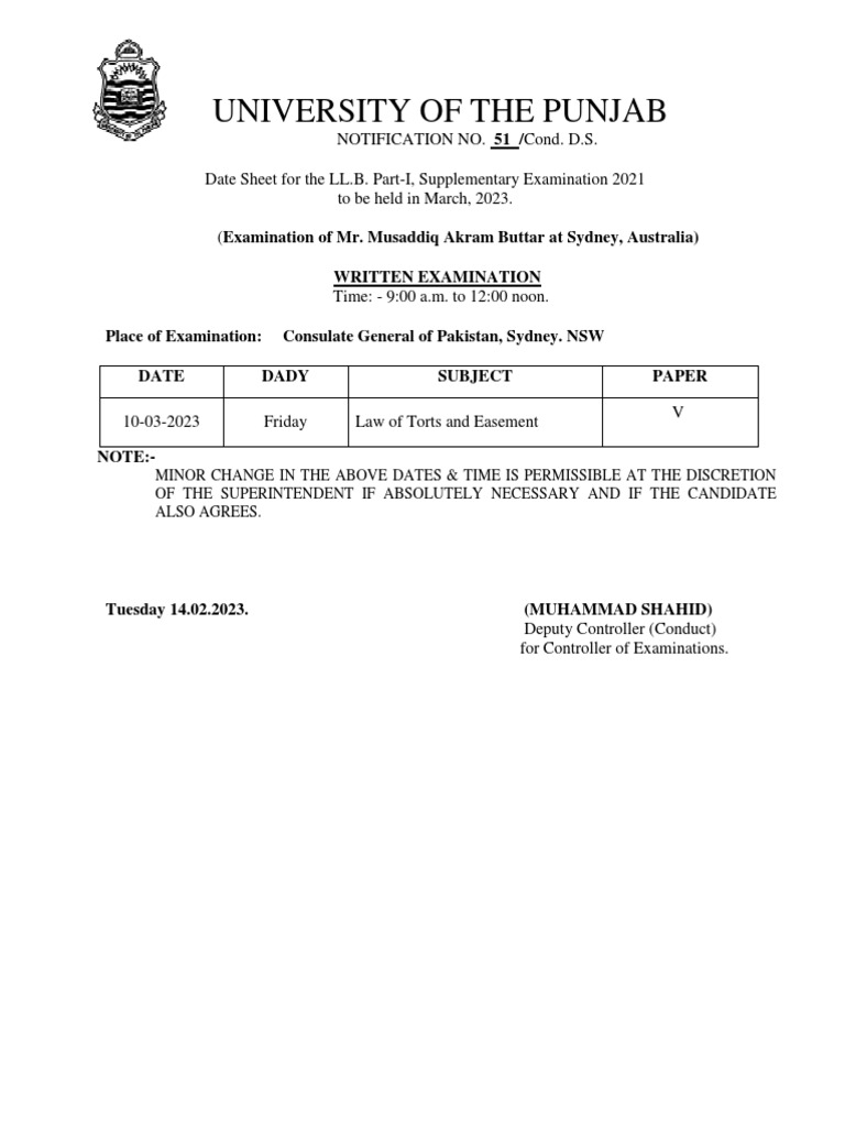 Date Sheet For The LLB Part I Supplementary Examination 2021 To Be ...