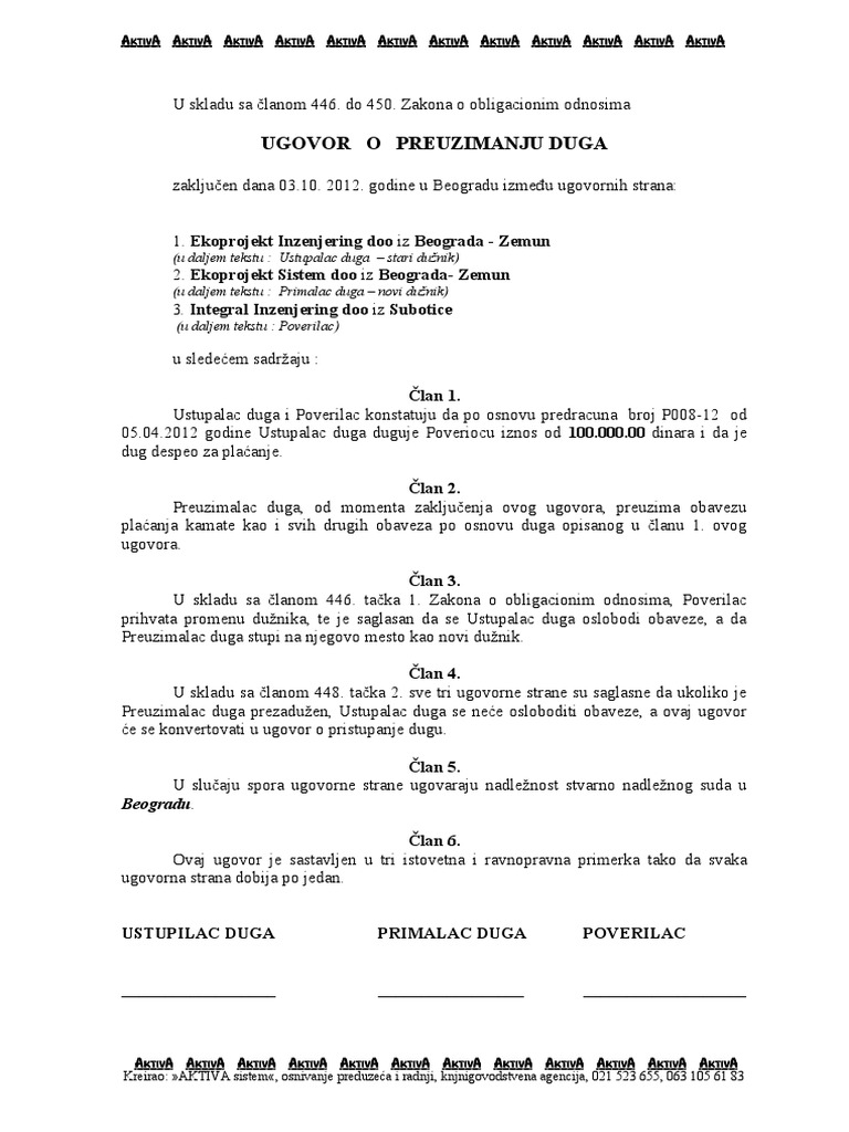 Ugovor o Preuzimanju Duga | PDF