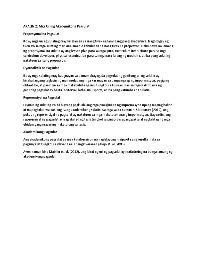 ARALIN 2: Mga Uri NG Akademikong Pagsulat Propesyonal Na Pagsulat | PDF