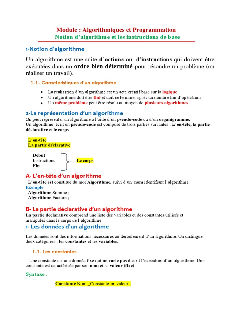 Notion D Algorithme Et Instructions de Base | PDF | Pi | Variable (informatique)
