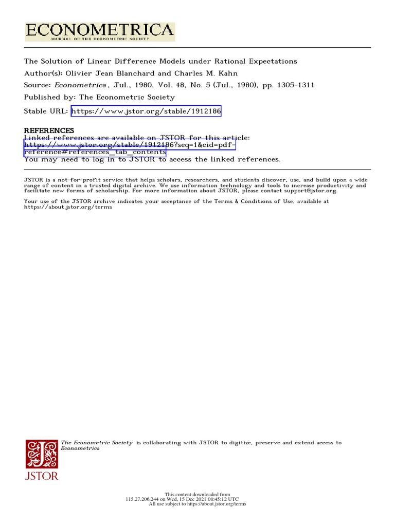 The Solution Of Linear Difference Models Under Rational Expectation